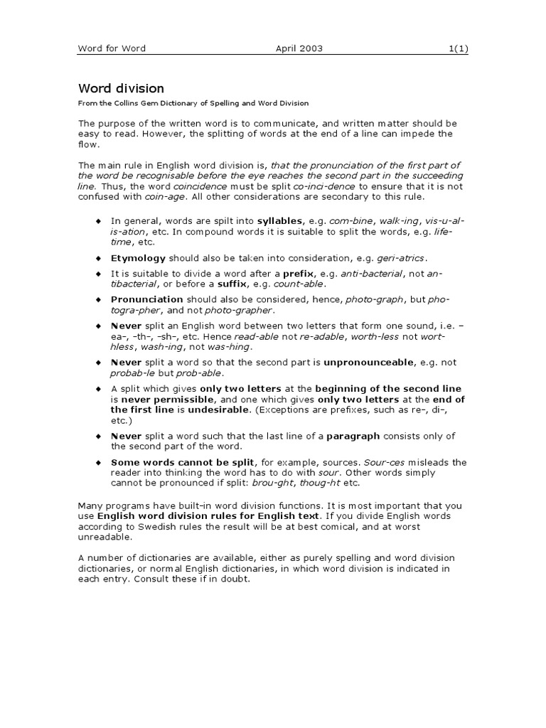 Word Division: From The Collins Gem Dictionary of Spelling and Word ...