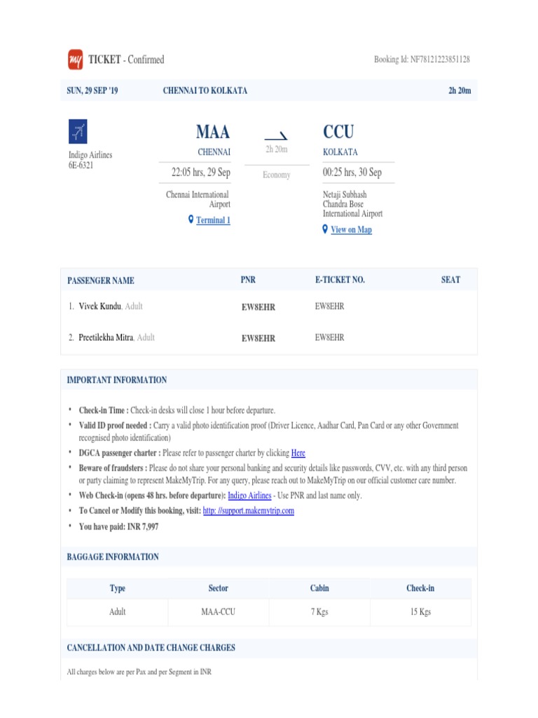 Chennai to Kolkata Flight Ticket Confirmation | PDF | Aviation | Transport