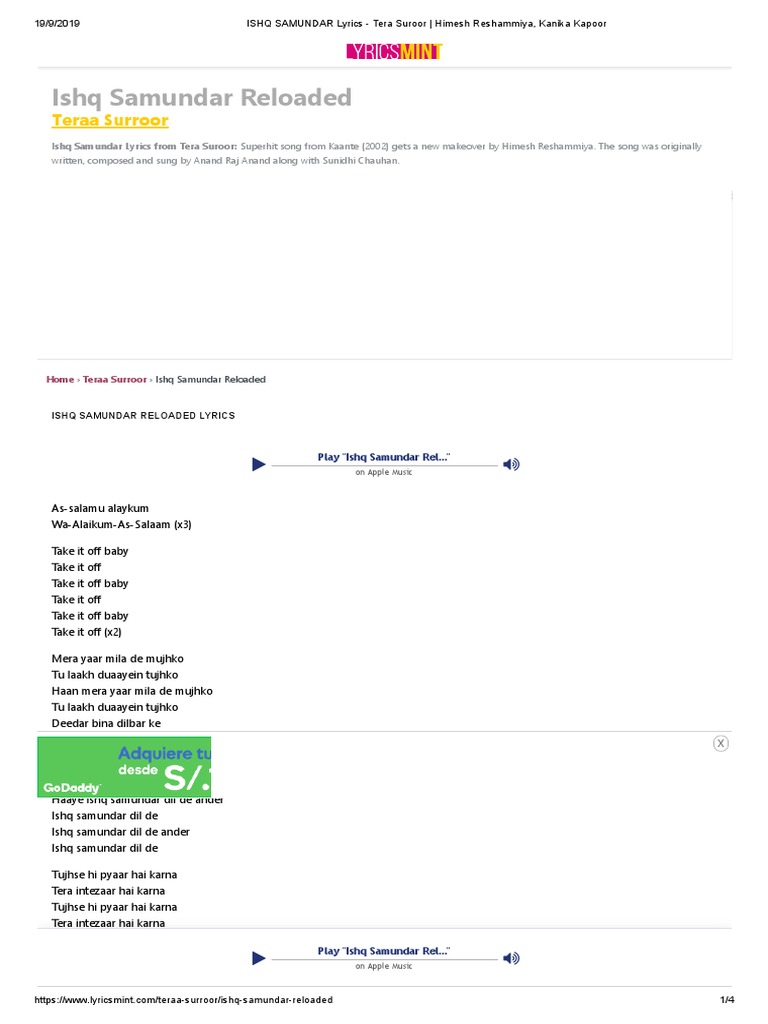 ISHQ SAMUNDAR Lyrics - Tera Suroor - Himesh Reshammiya, Kanika Kapoor | PDF | Cinema Of India ...