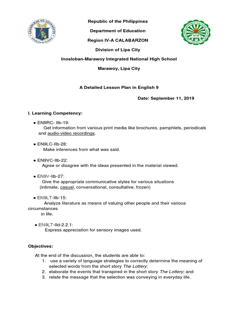 The Lottery Detailed Lesson Plan | Download Free PDF | Senses | Lesson Plan