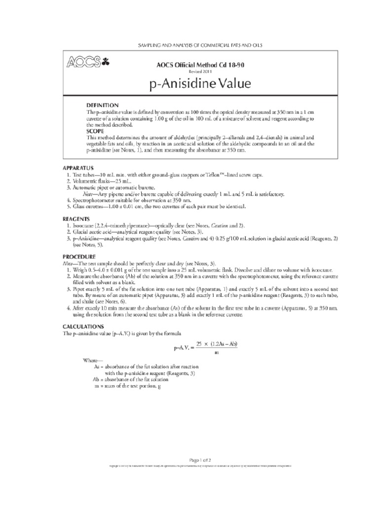 C. P-Anisidine Value AOCS CD 18-80 - Rev.2011 | PDF