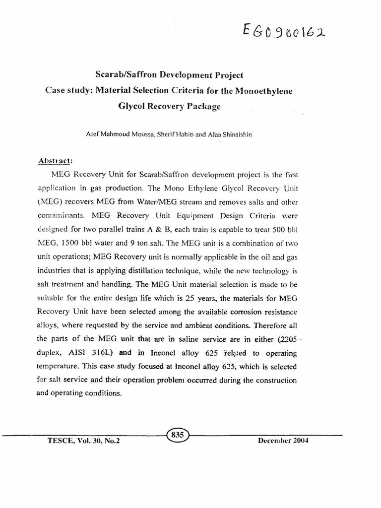 Scarab/Saffron Development Project Case Study: Material Selection Criteria For The Monoethylene ...