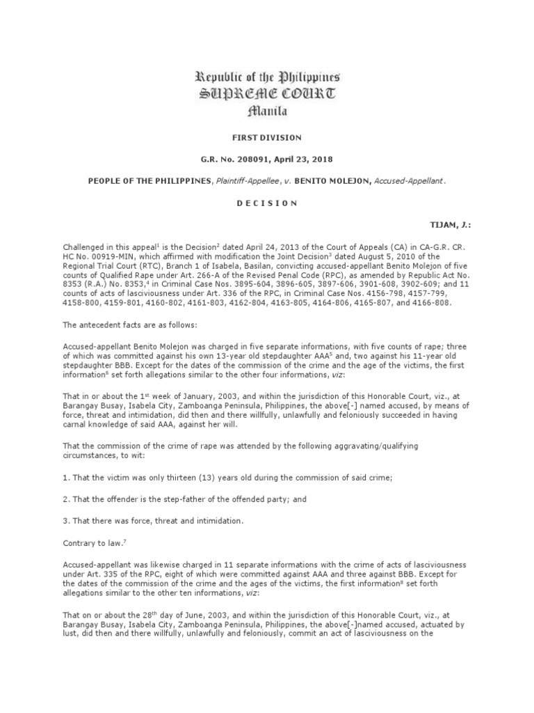 PP Vs Molejon Acts of Lasciviousness Vs Lascivious Conduct | Download Free PDF | Sentence (Law ...