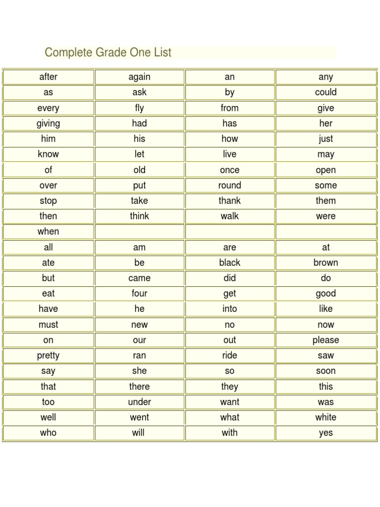 grade 1 word list