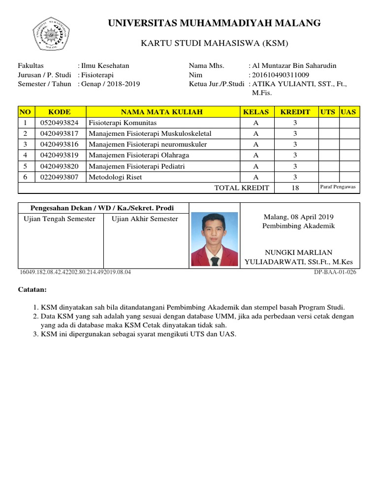 Kartu Studi Mahasiswa Fisioterapi UMM | PDF