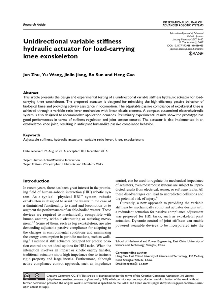 Unidirectional Variable Stiffness Hydraulic Actuator For Load Carrying ...