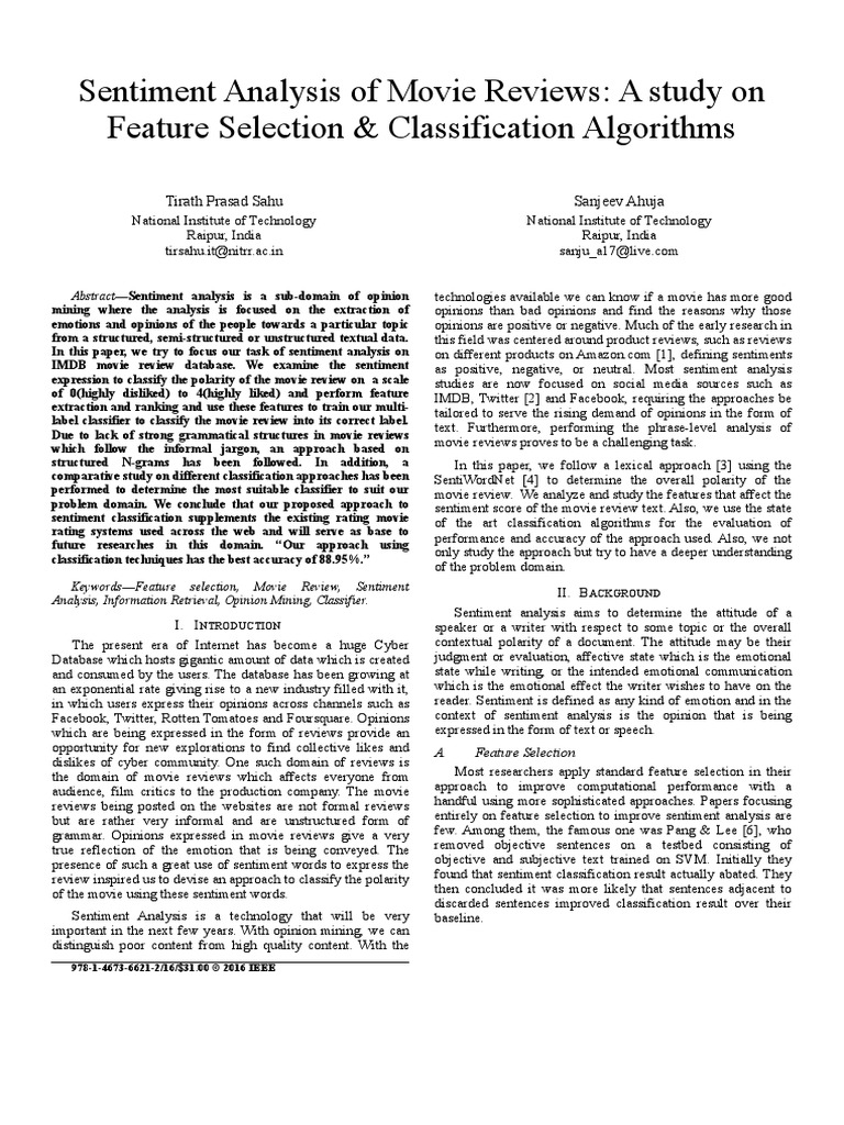 Sentiment Analysis of Movie Reviews: A Study On Feature Selection & Classification Algorithms ...