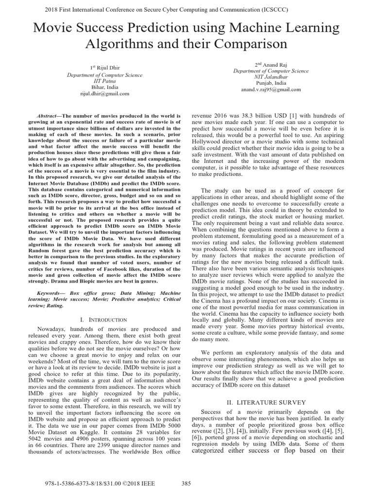 Movie Success Prediction Using Machine Learning Algorithms And Their Comparison Pdf