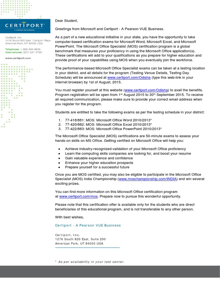 Certiport - A Pearson VUE Business | PDF | Microsoft Office | Microsoft Certified Professional