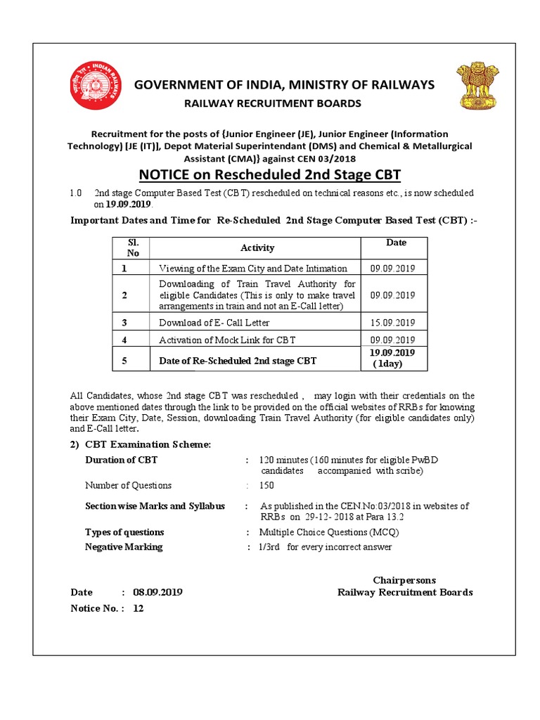 Notice On Rescheduled 2nd Stage CBT Revised 09-09-2019 | PDF | Multiple Choice | Vocational ...