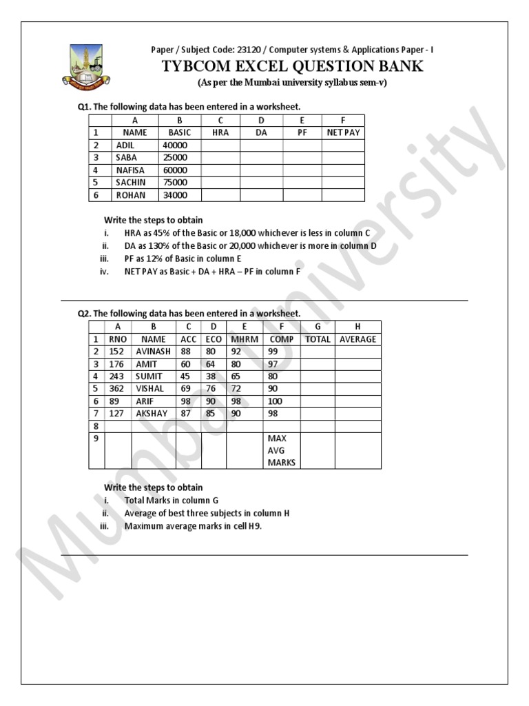 Tybcom Excel Question Bank | PDF | Incremental Computing | Information Retrieval