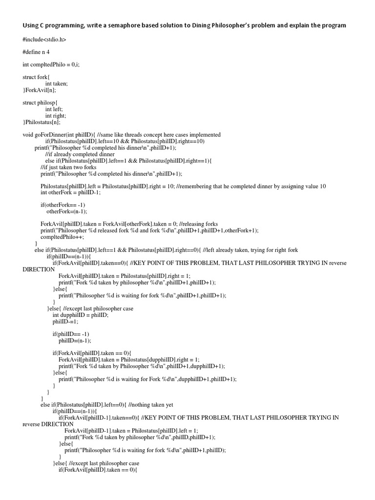 Using C Programming, Write A Semaphore Based Solution To Dining Philosopher's Problem and ...