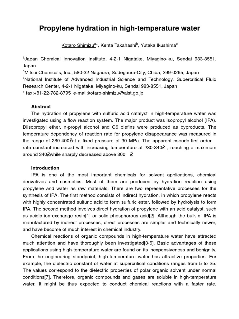 Propylene Hydration in High-Temperature Water | PDF | Gas ...