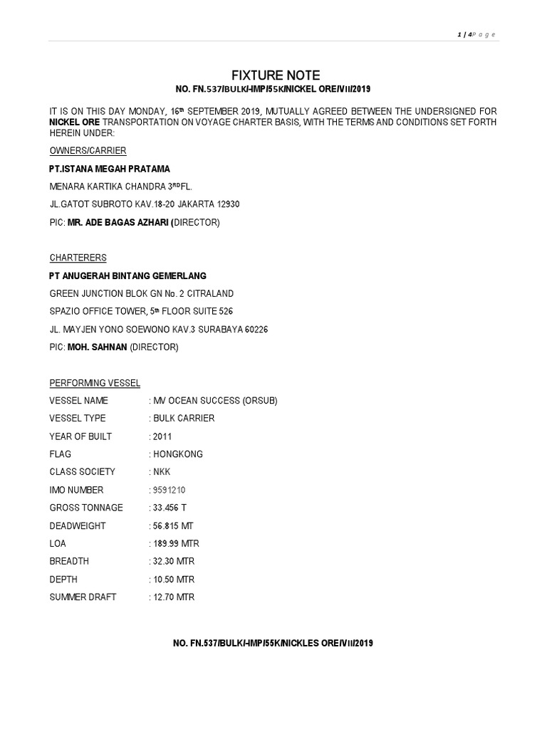 Fixture Note: NO. FN.537/BULK/-IMP/55K/NICKEL ORE/VII/2019 | PDF ...