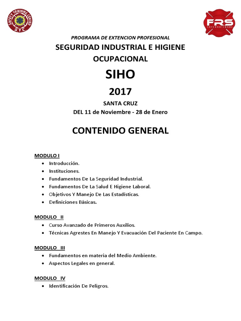 Curso SIHO: Seguridad e Higiene 2017 | PDF | Salud y bienestar | Medicina