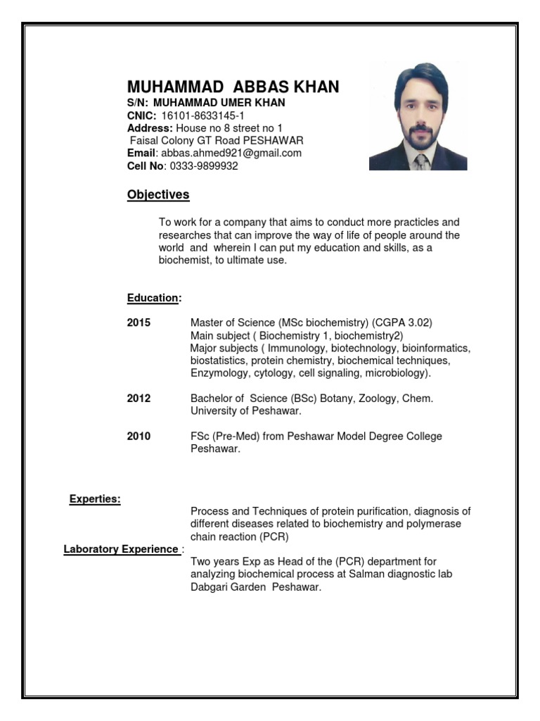Abbas CV With Pic 1 | PDF | Biochemistry | Chemistry