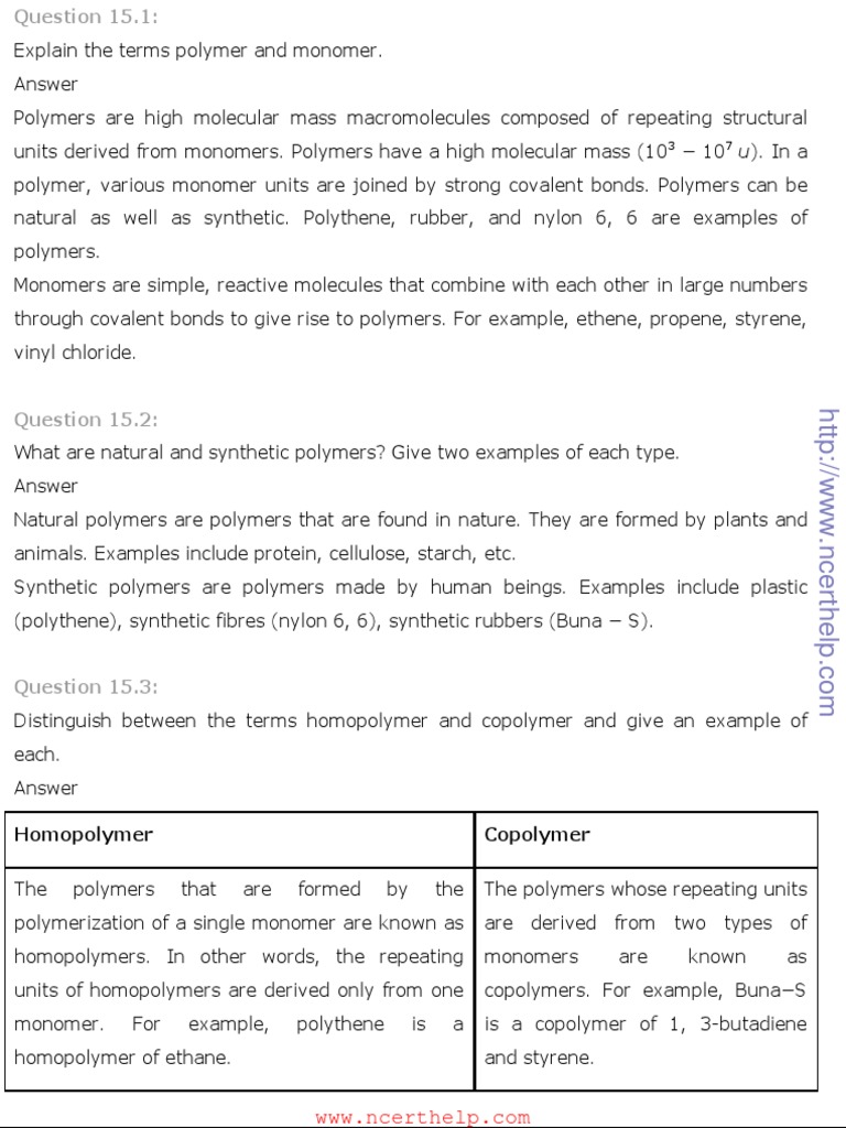 Ncert Solutions For Class 12 Chemistry Chapter 15 Polymers PDF | PDF ...