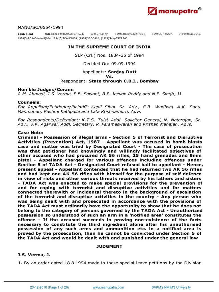 Sanjay Dutt Vs State Through CBI Bombay Case | PDF | Bail | Confession (Law)