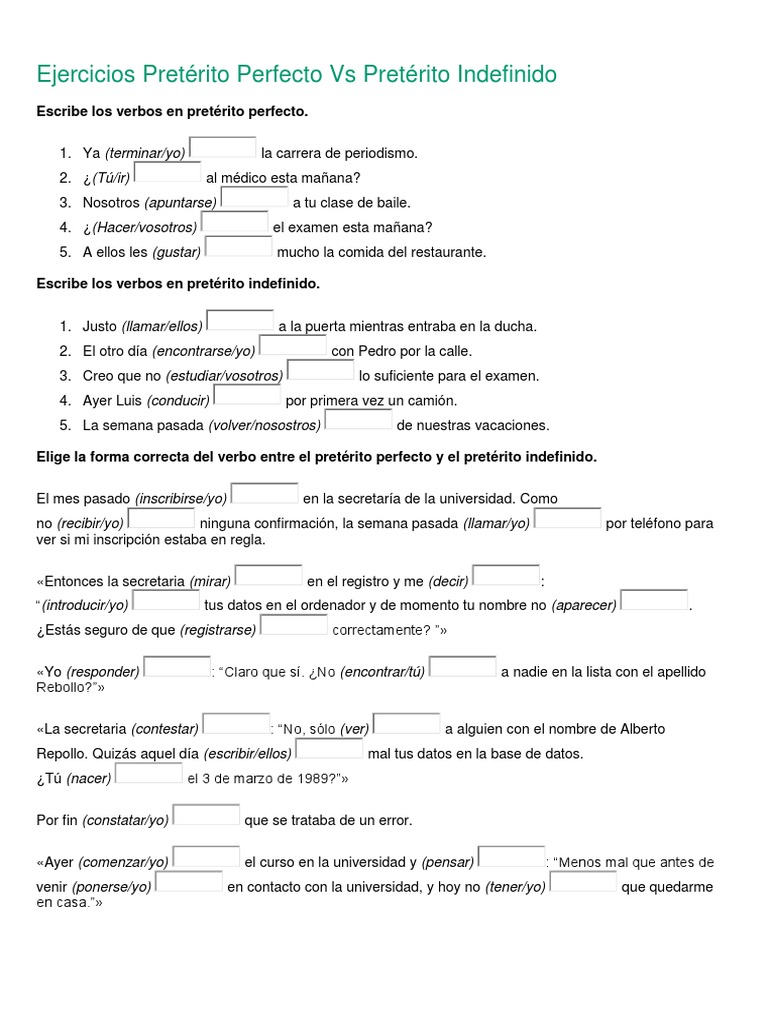 Ejercicios Pretérito Perfecto Vs Pretérito Indefinido Con Soluciones ...