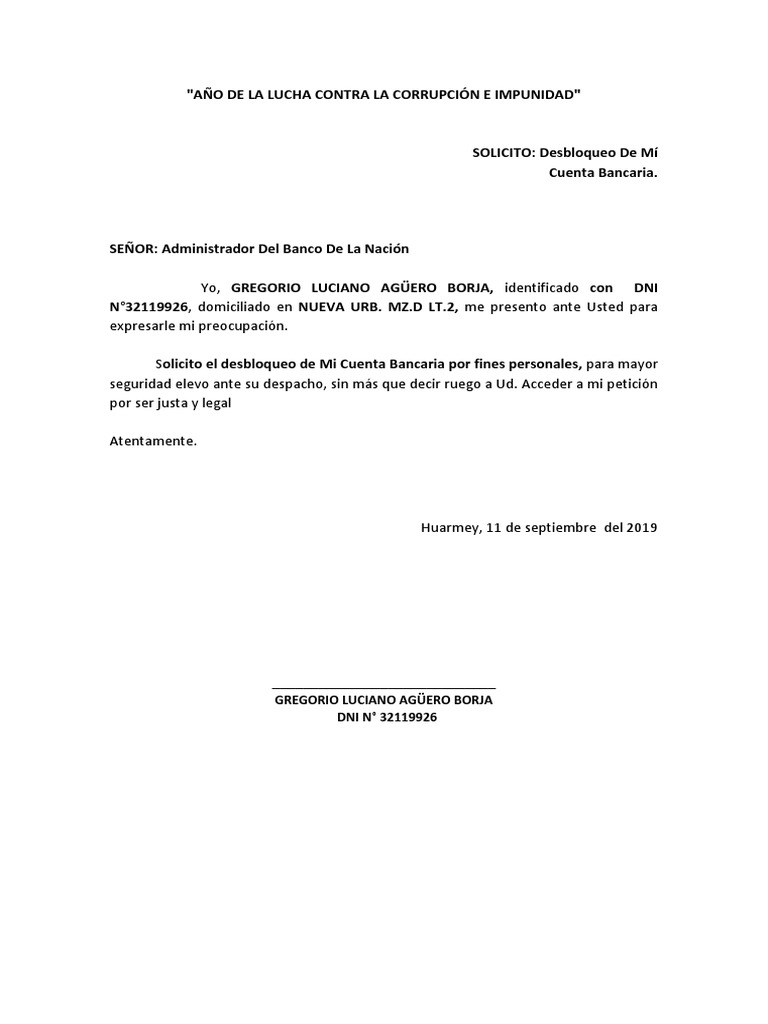 Solicito Desbloqueo de Cuenta Bancaria | PDF