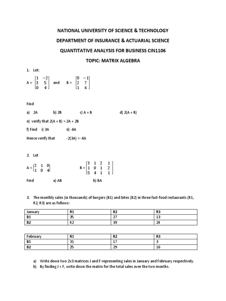 Matrix Algebra Tutorial 2015 | PDF | Applied Mathematics | Mathematical ...