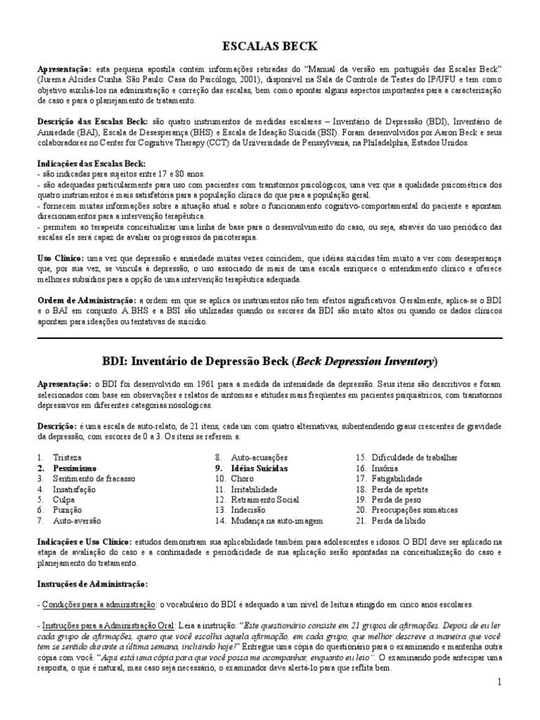 Manual Escalas Beck | PDF | Suicídio | Depressão