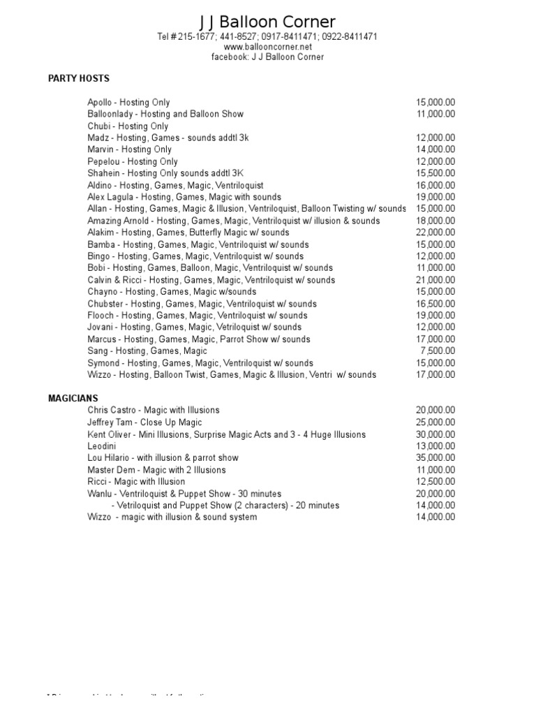 Party Hosts: Prices Are Subject To Changes Without Further Notice | PDF ...