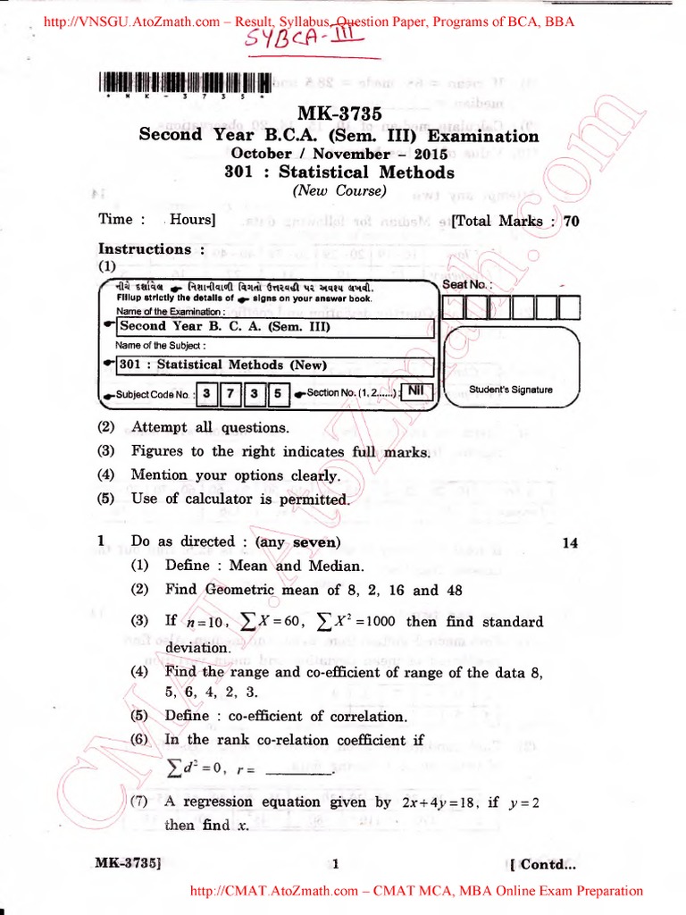 Second Year B.C.A. (Sem. I LL) Exam Ination 301: Statistical M Ethods ...