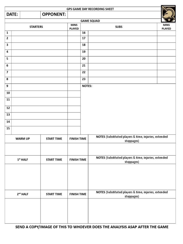 Gps Game Day Recording Sheet | PDF
