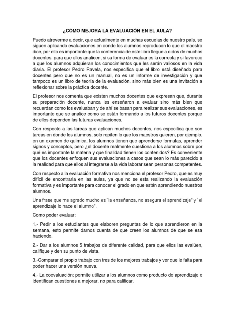 COMO MEJORAR LA EVALUACIÓN EN EL AULA | PDF | Evaluación | Maestros