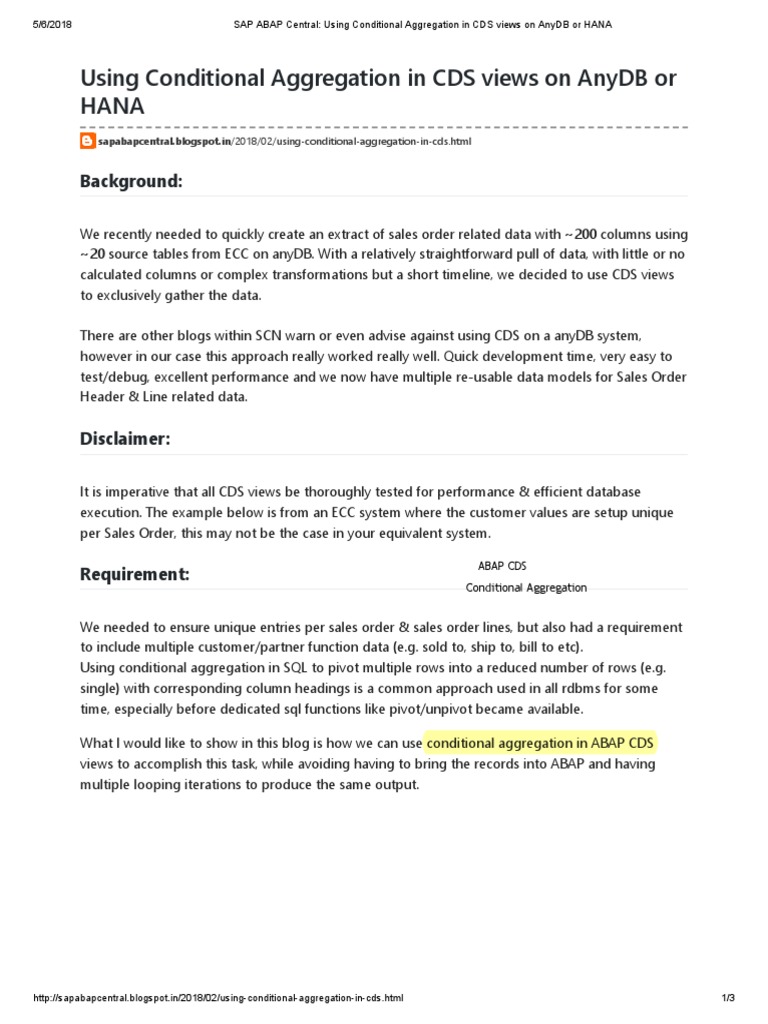 Using Conditional Aggregation in Cds Views On Anydb or Hana: Background ...