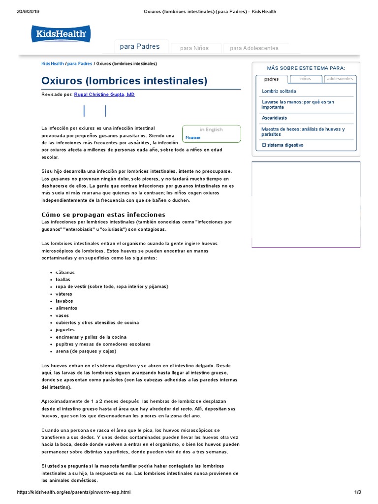 Oxiuros (Lombrices Intestinales) | PDF | Especialidades Medicas ...