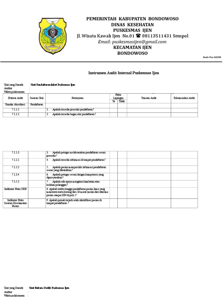 Instrumen Audit Internal Puskesmas Ijen | PDF