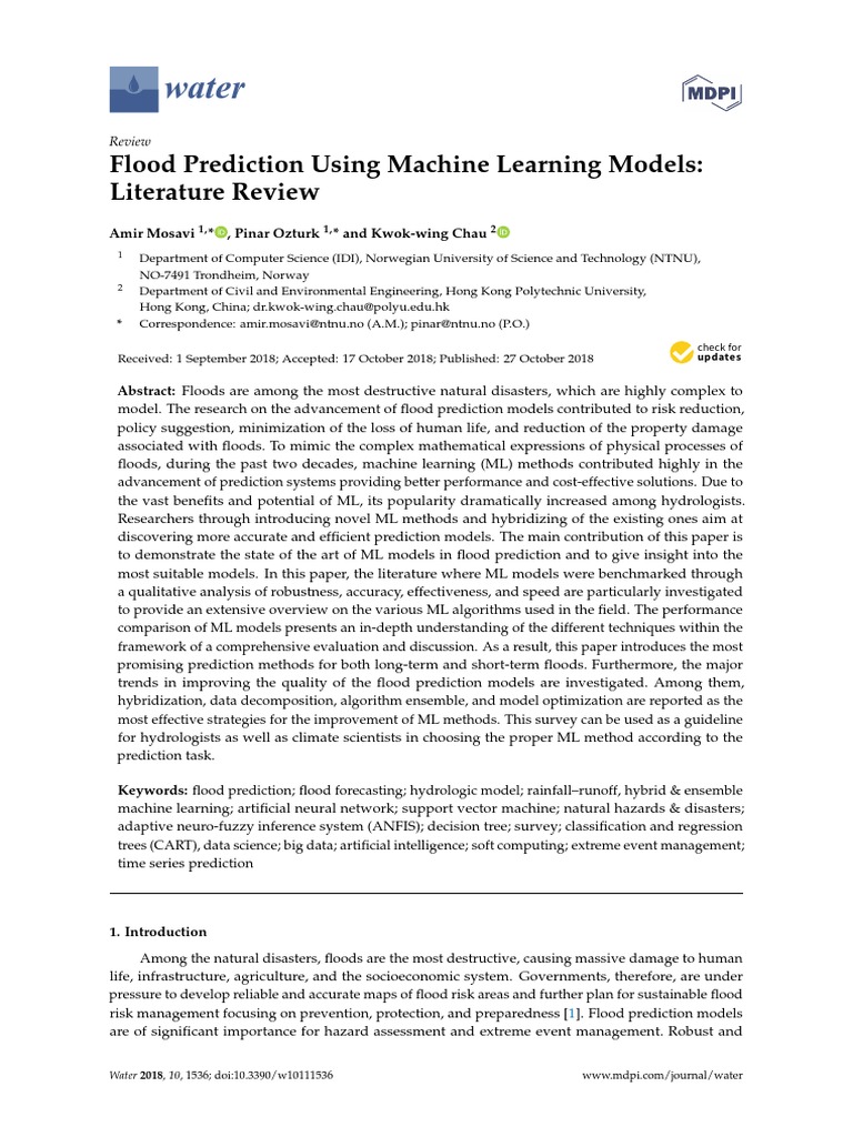 Water: Flood Prediction Using Machine Learning Models: Literature ...