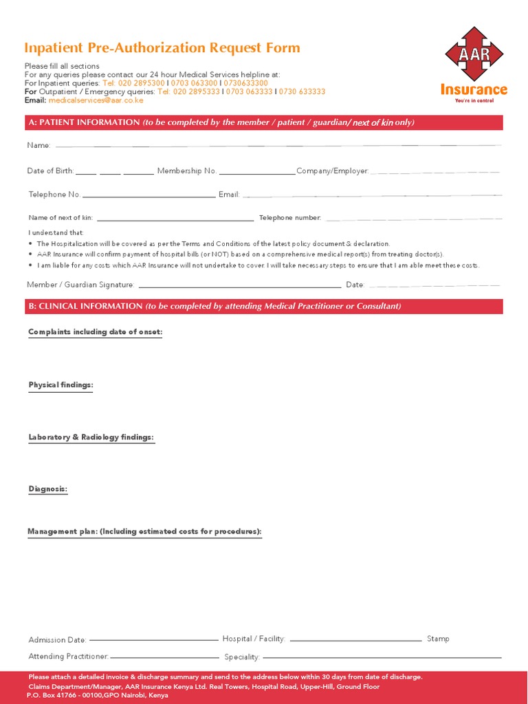 Aar Insurance New in Patient Preauthorization Form 2019 | PDF