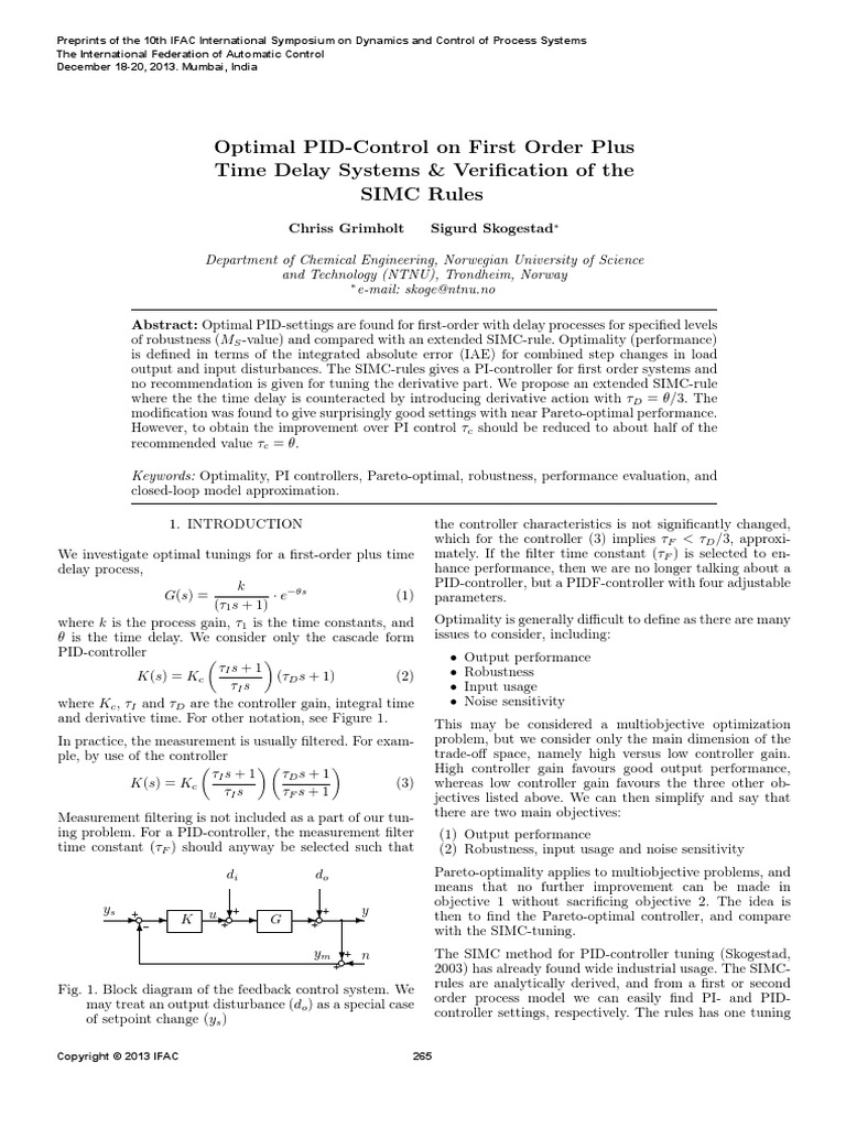 Optimal PID-Control On First Order Plus Time Delay Systems & Verification of The SIMC Rules ...