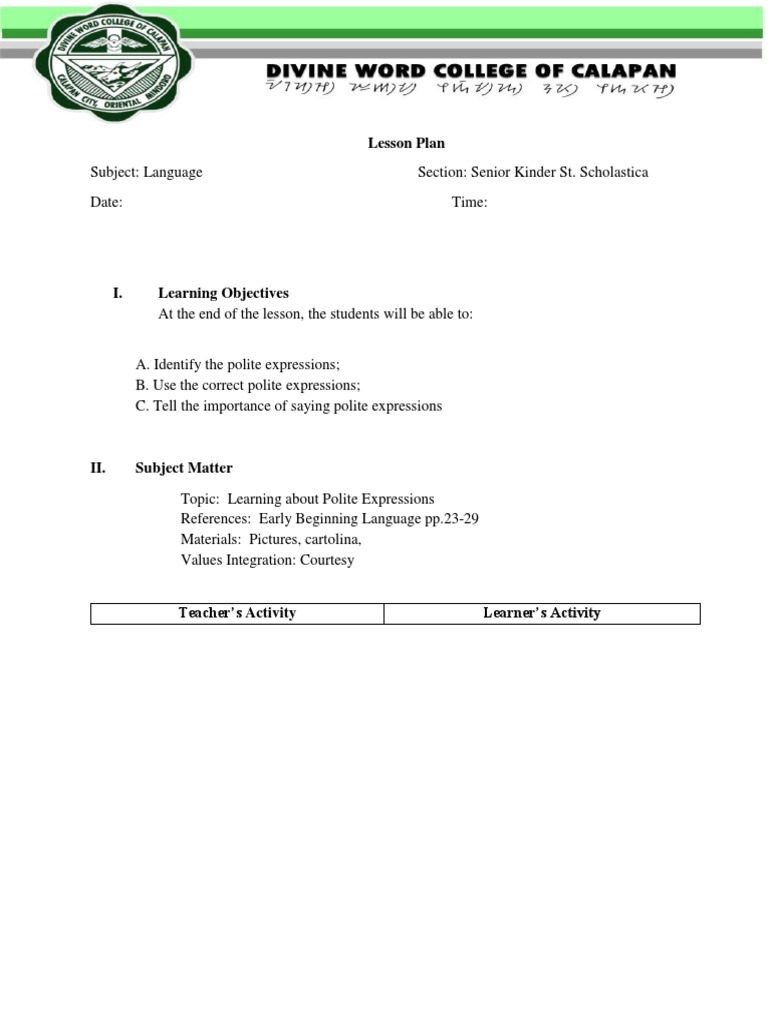 Kinder Language Polite Expressions | PDF | Lesson Plan | Education Theory