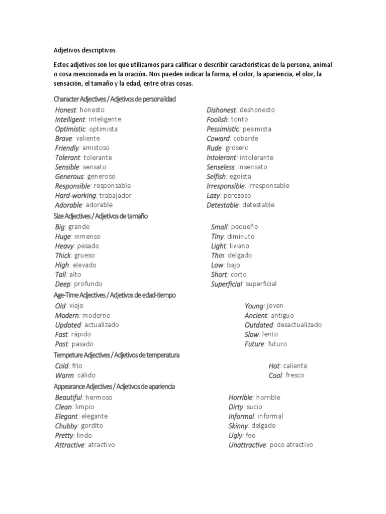 Adjetivos Descriptivos | PDF | Qualia | Color