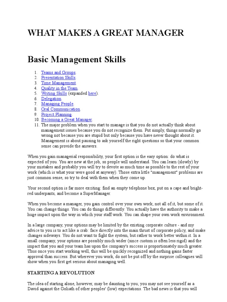 What Makes A Great Manager Basic Management Skills | PDF | Motivation ...