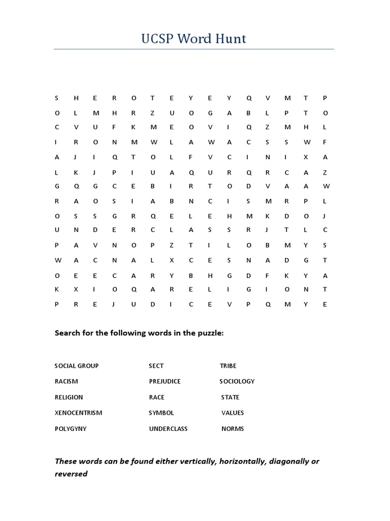 UCSP Word Hunt: Search For The Following Words in The Puzzle | PDF ...