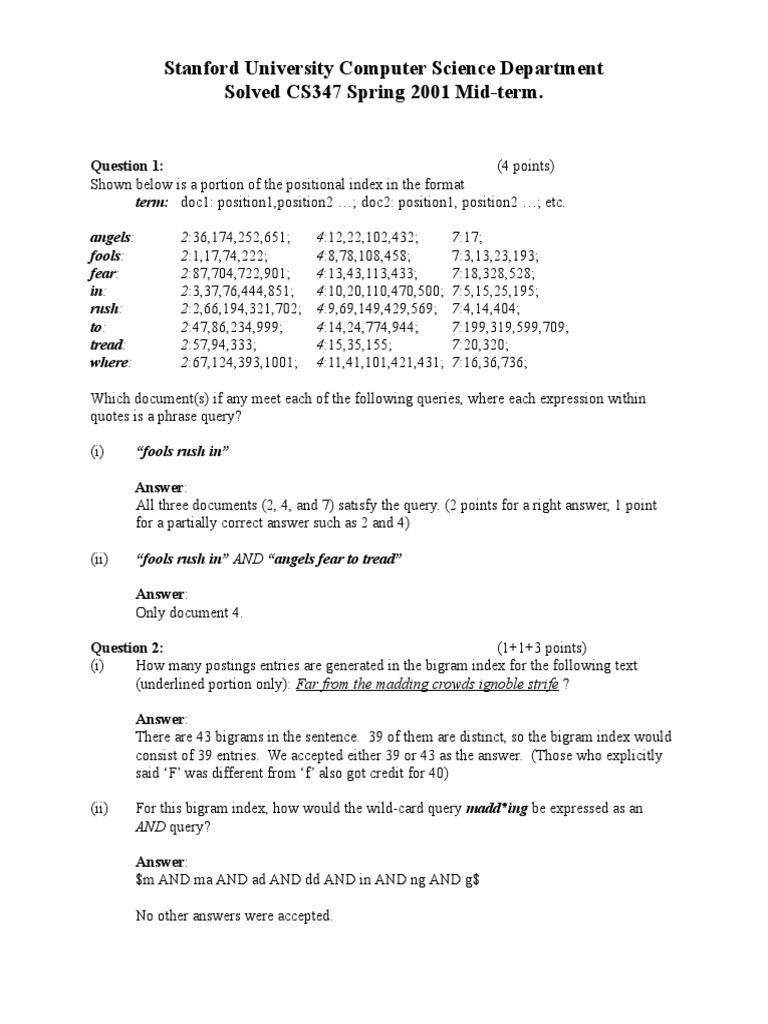 Stanford University Computer Science Department Solved CS347 Spring ...