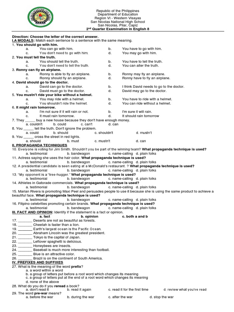 English 8 Exam | PDF