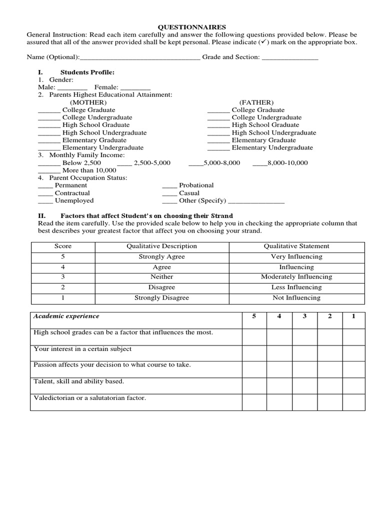Questionnaires: Academic Experience | PDF | Undergraduate Education ...