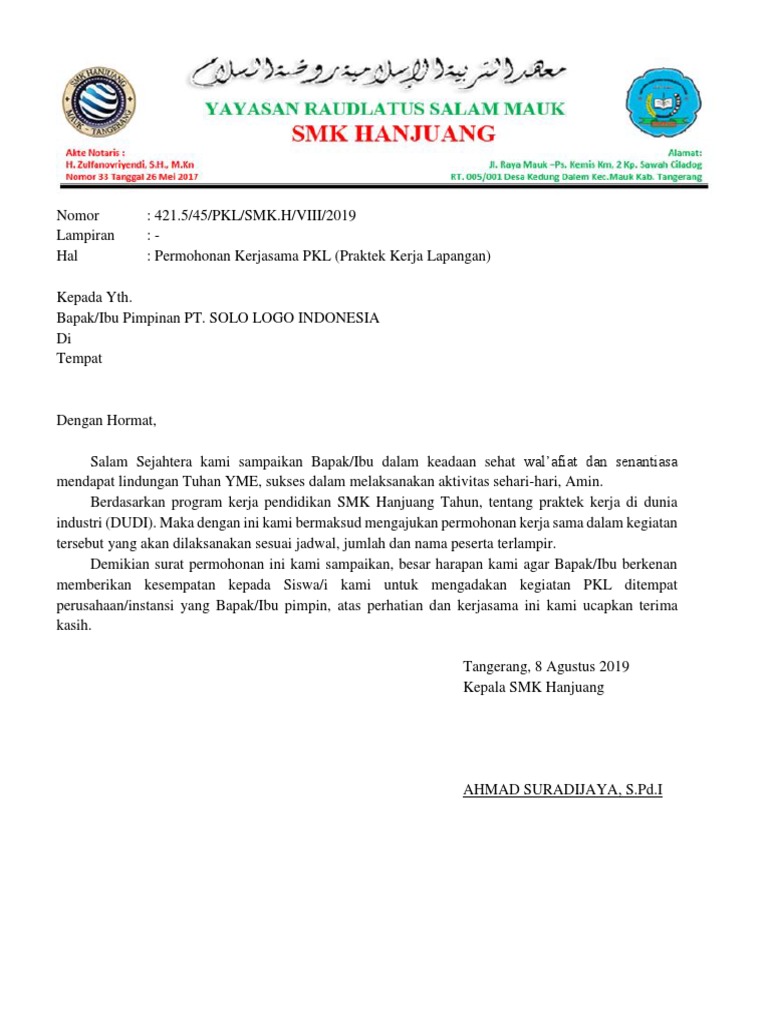 Contoh Surat Permohonan PKL | PDF