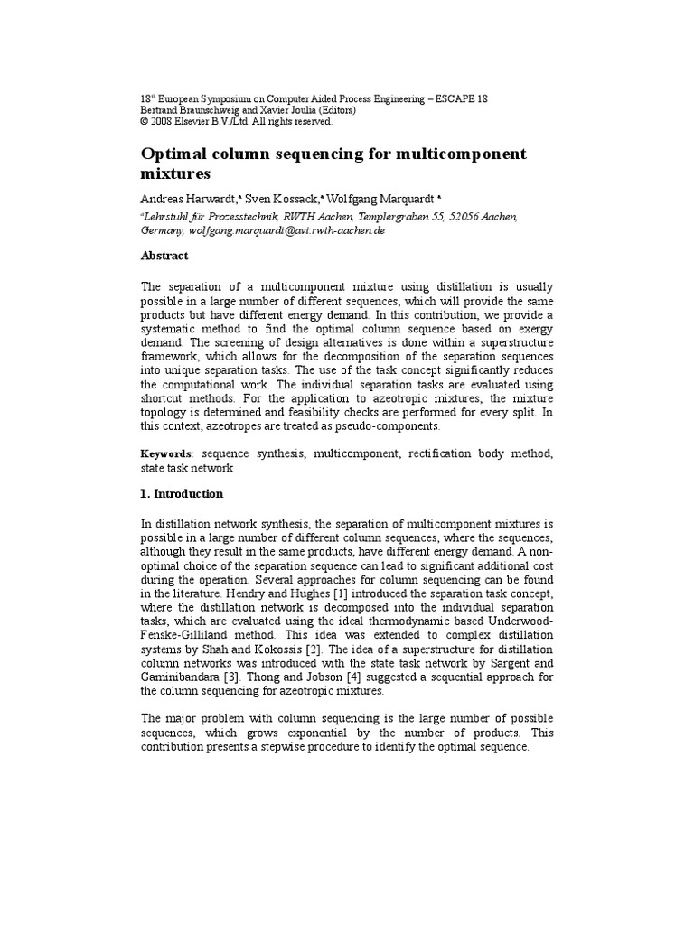 Optimal Column Sequencing For Multicomponent Mixtures | PDF | Distillation | Physical Chemistry