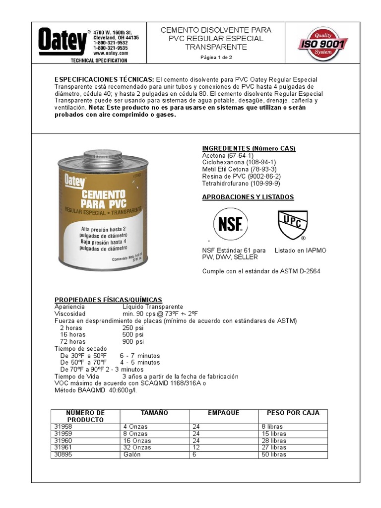 Hoja Tecnica Oatey Final 1 Split Merge 1 | PDF | Cemento | Carbón