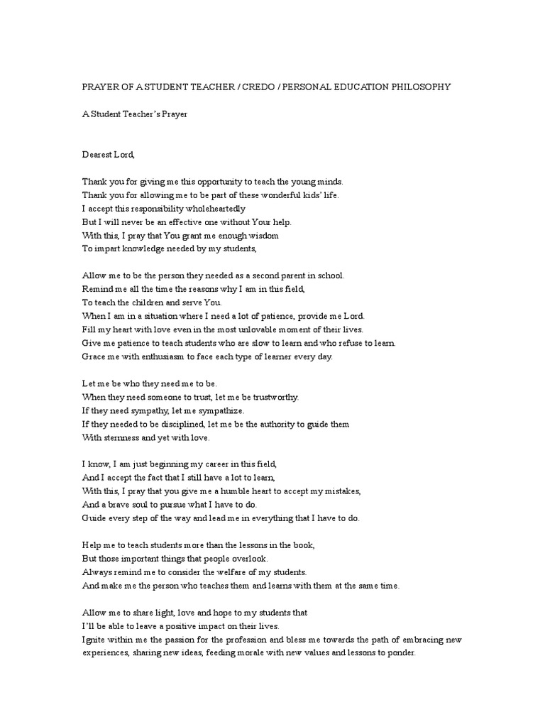 A Student Teacher's Prayer and Credo | PDF | Philosophy Of Education ...