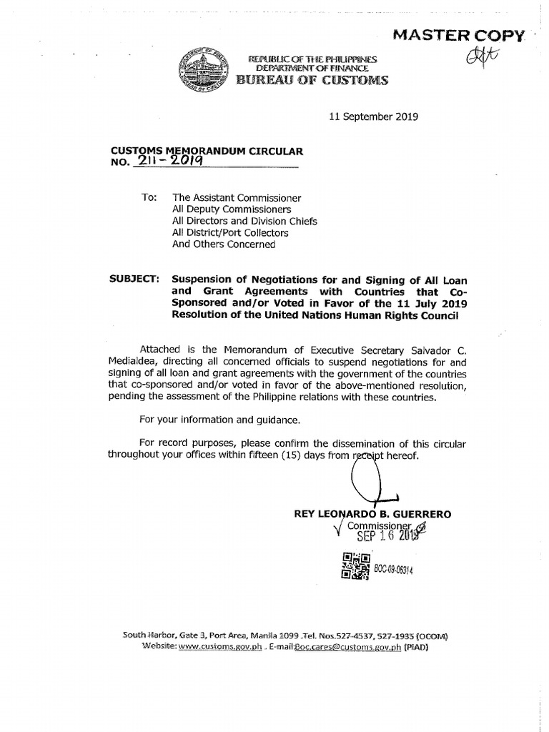 Customs Memorandum Circular 211 2019 And Attached Documents Pdf