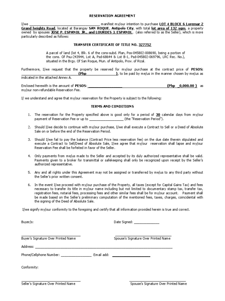 Property Reservation Agreement Template | PDF | Fee | Sales