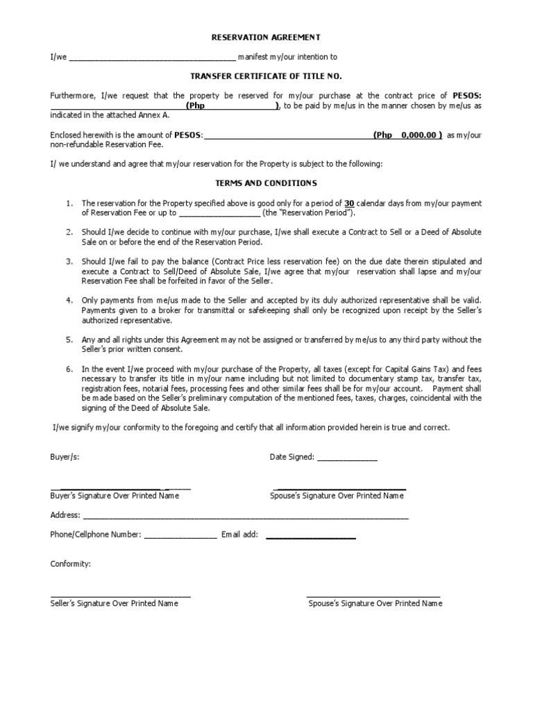 Reservation Agreement | PDF | Fee | Deed